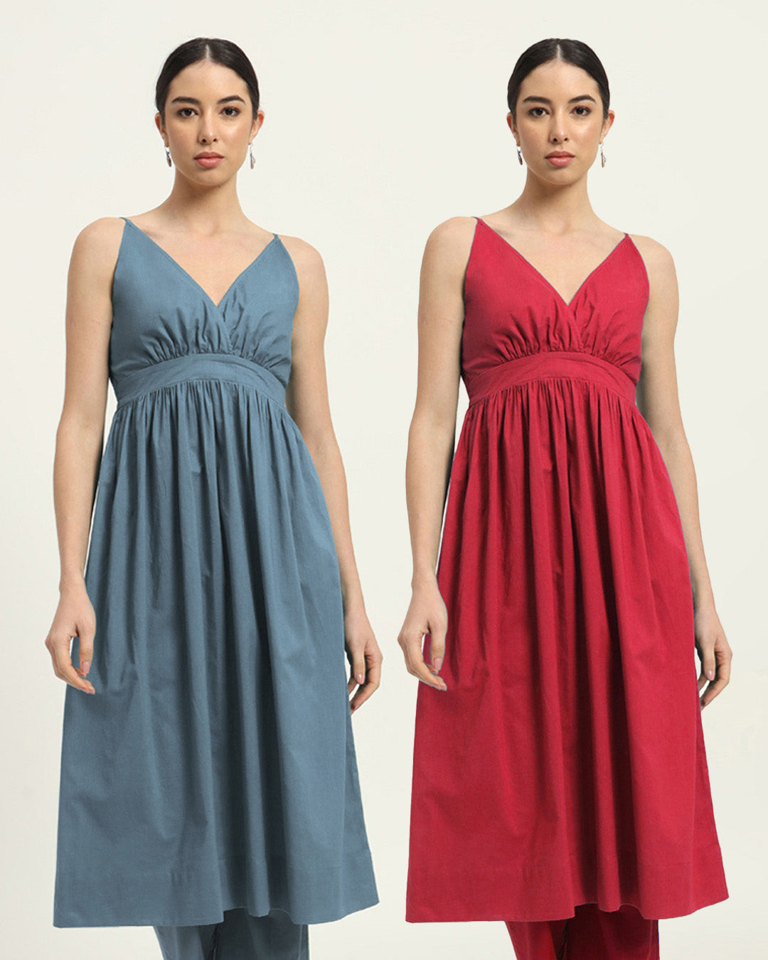 Combo: Blue Dawn & Queen's Gulabi Vogue Spaghetti Gathered Solid Kurta – Thevasa