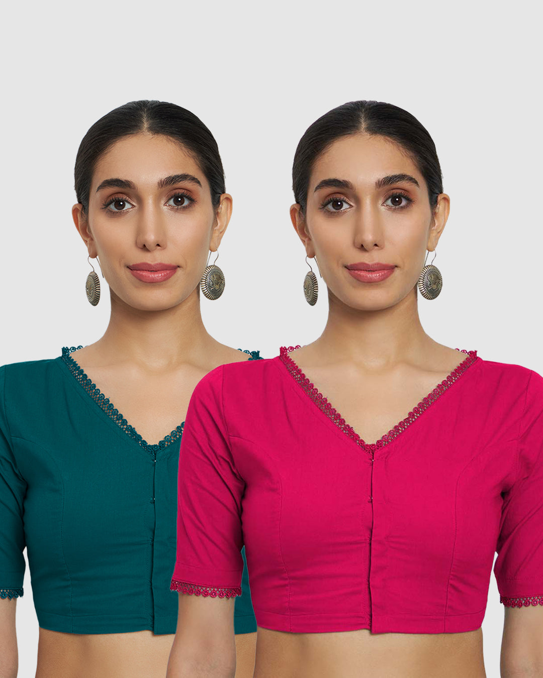 Combo: Deep Teal & Queen's Gulabi V Neck Lace Medley Blouse- Set of 2 – Thevasa